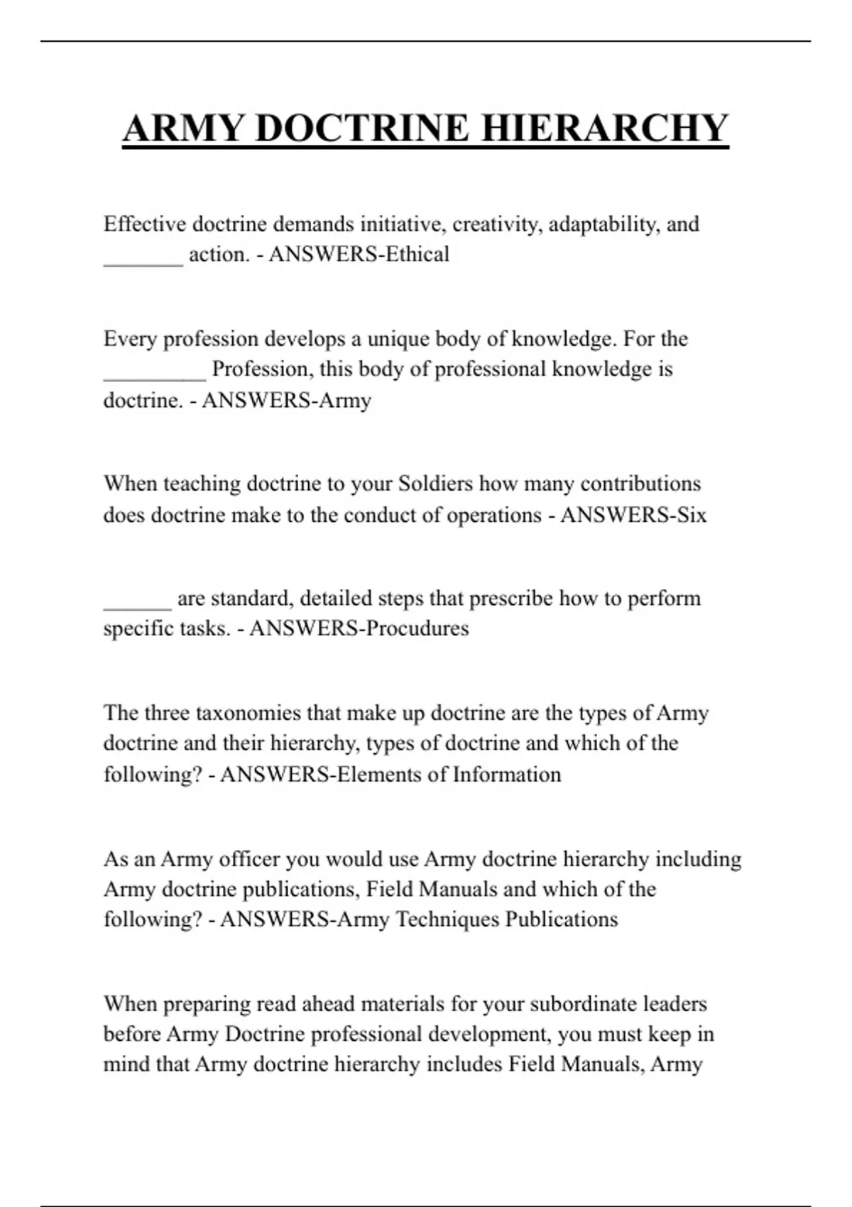 ARMY DOCTRINE HIERARCHY QUESTIONS AND ANSWERS 2025 - ARMY - Stuvia US