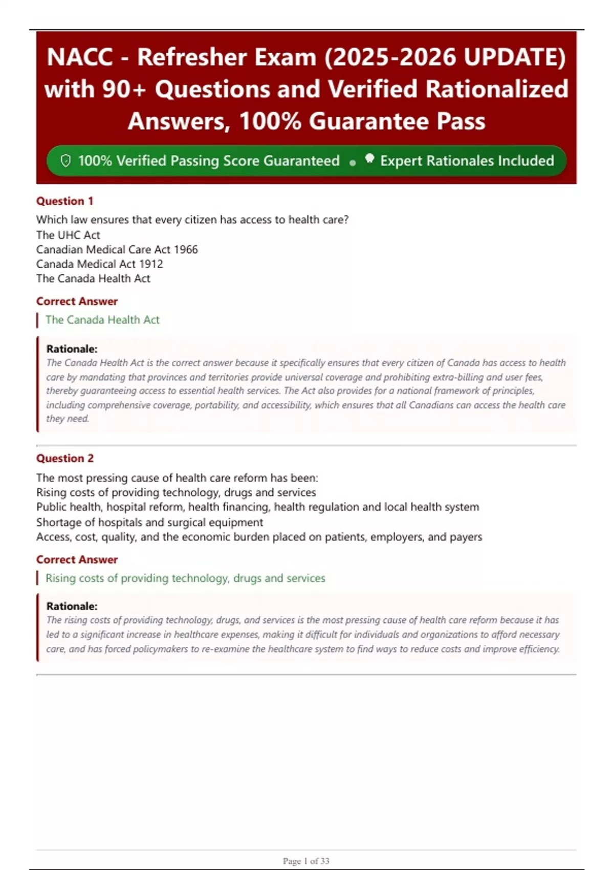 NACC - Refresher Exam ( UPDATE) with 90+ Questions and Verified Rationalized Answers, 100% ...