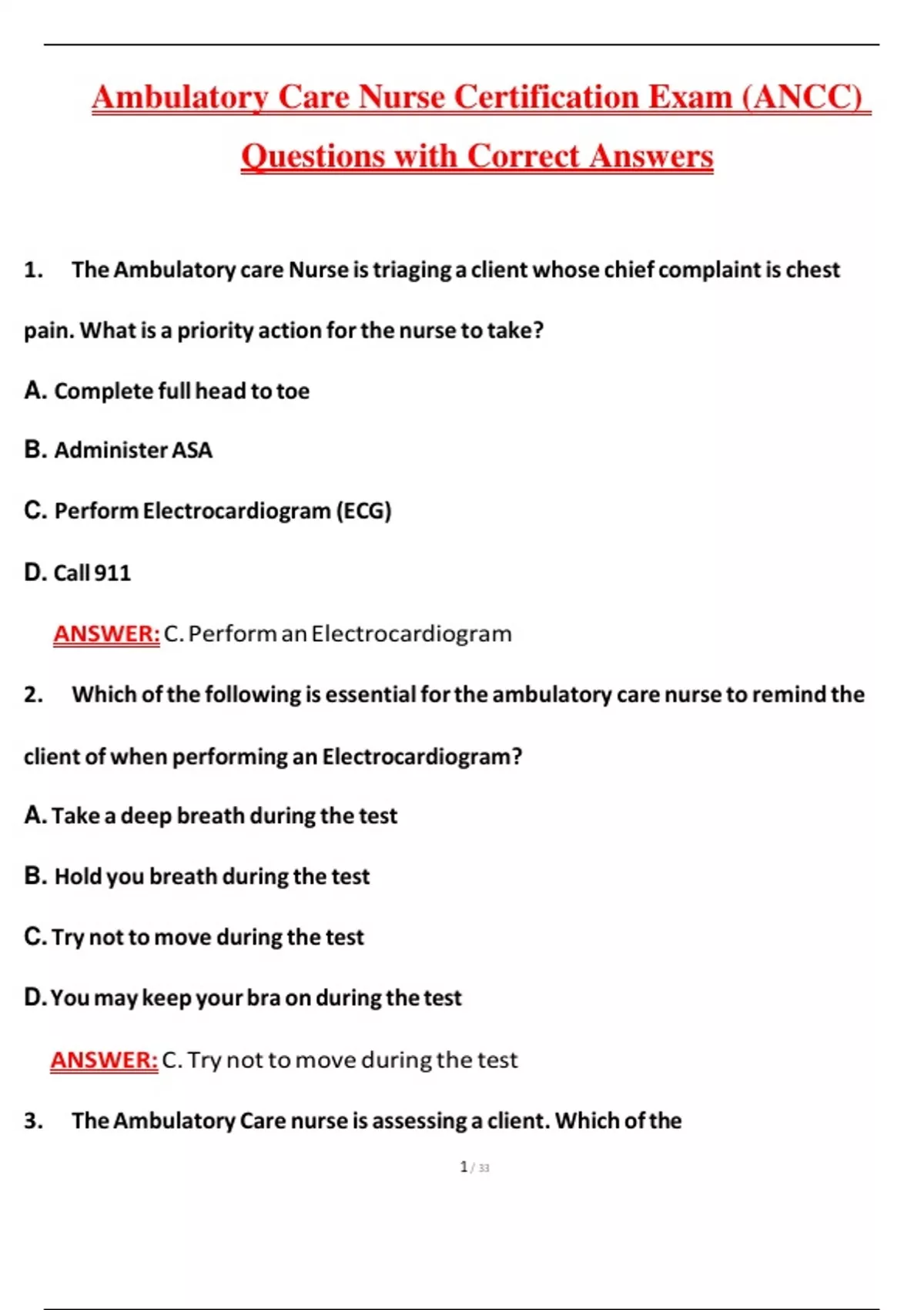 Ambulatory Care Nurse Certification Exam 2025 Questions with Correct Answers Pass the Exam, 100% ...