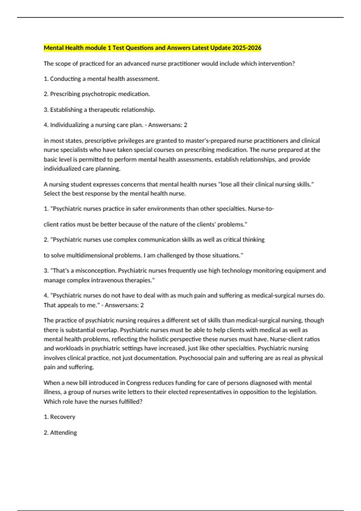 Mental Health module 1 Test Questions and Answers Latest Update ...