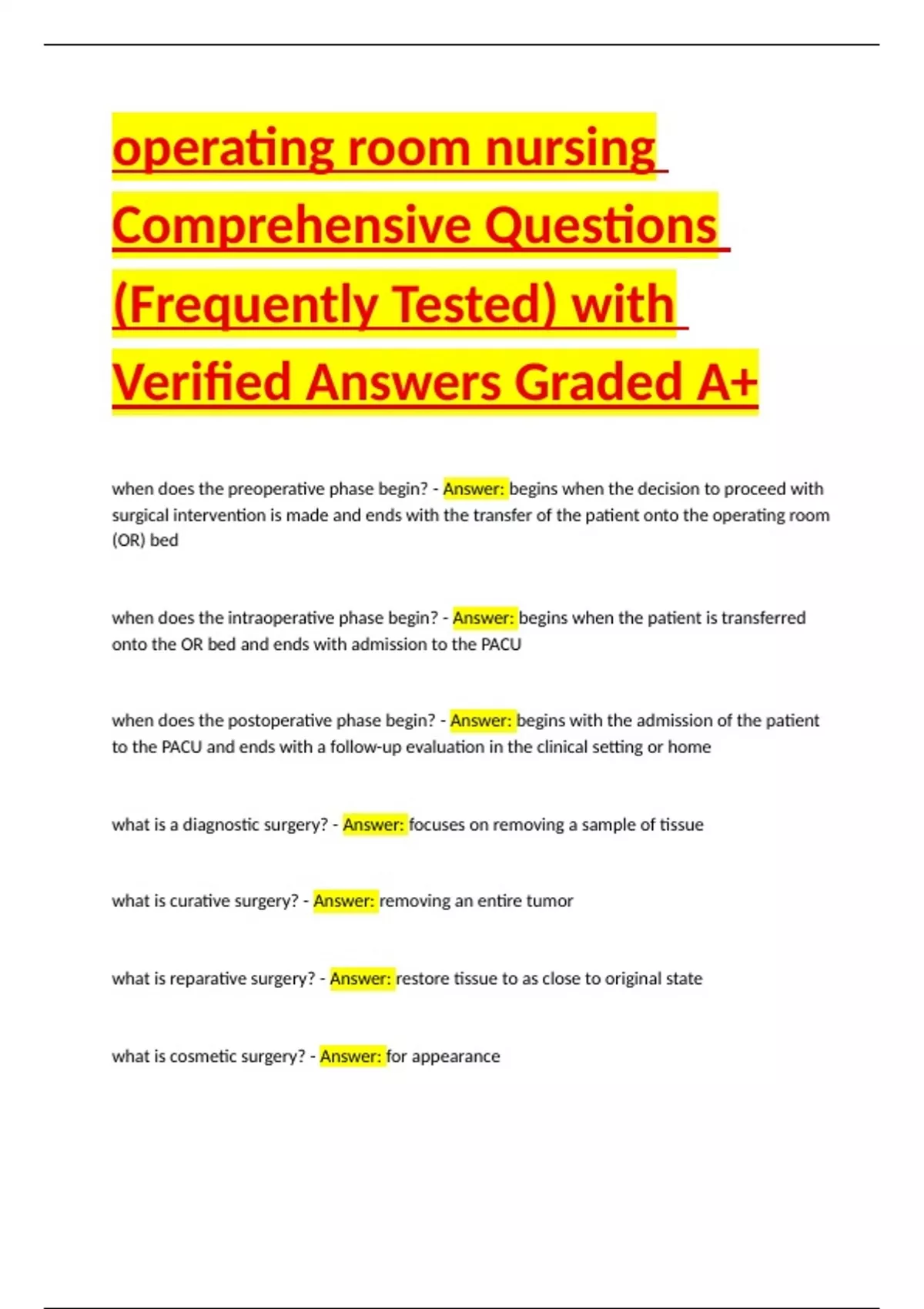 operating room nursing Comprehensive Questions (Frequently Tested) with ...