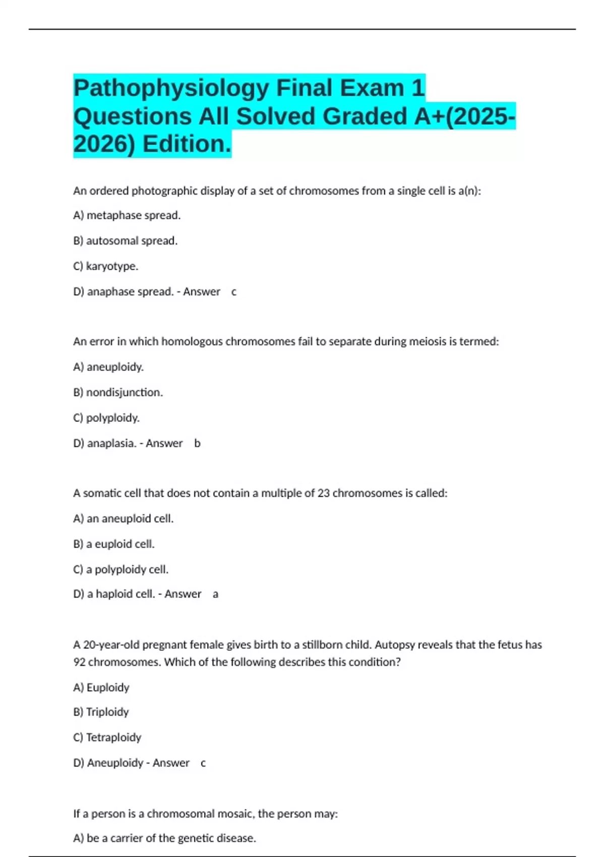 Pathophysiology Final Exam 1 Questions All Solved Graded A+() Edition ...