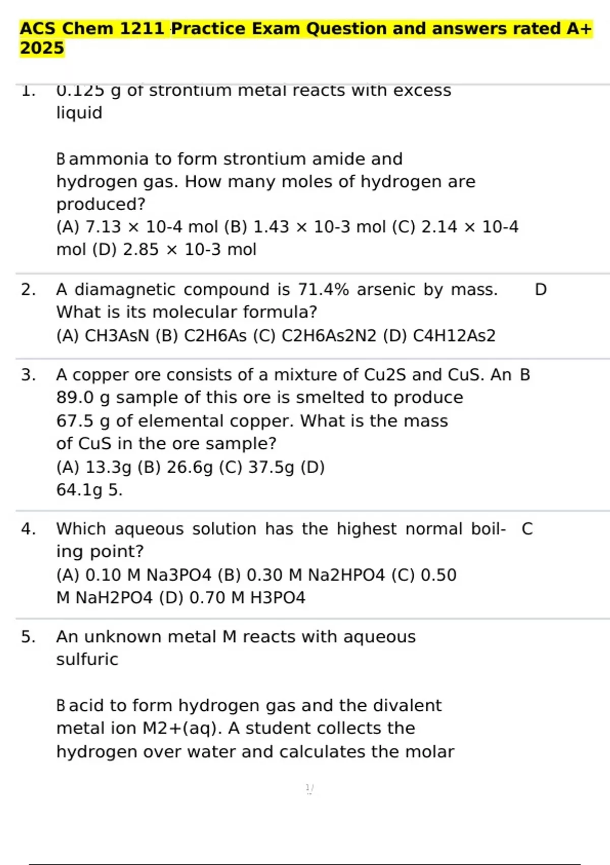 ACS Chem 1211 Practice Exam Question and answers rated A+ 2025 - ACS ...