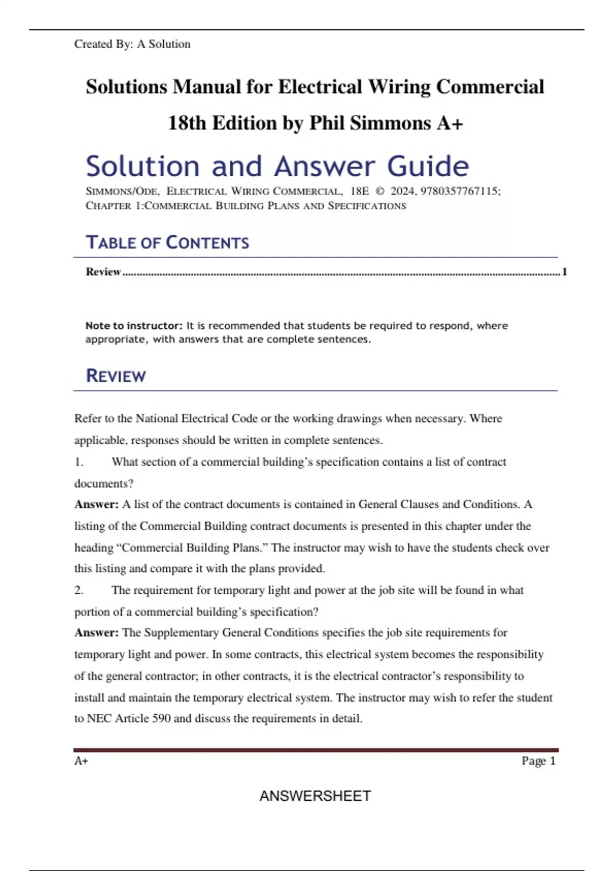 Solution Manual and Answer Guide Electrical Wiring Commercial 18th ...