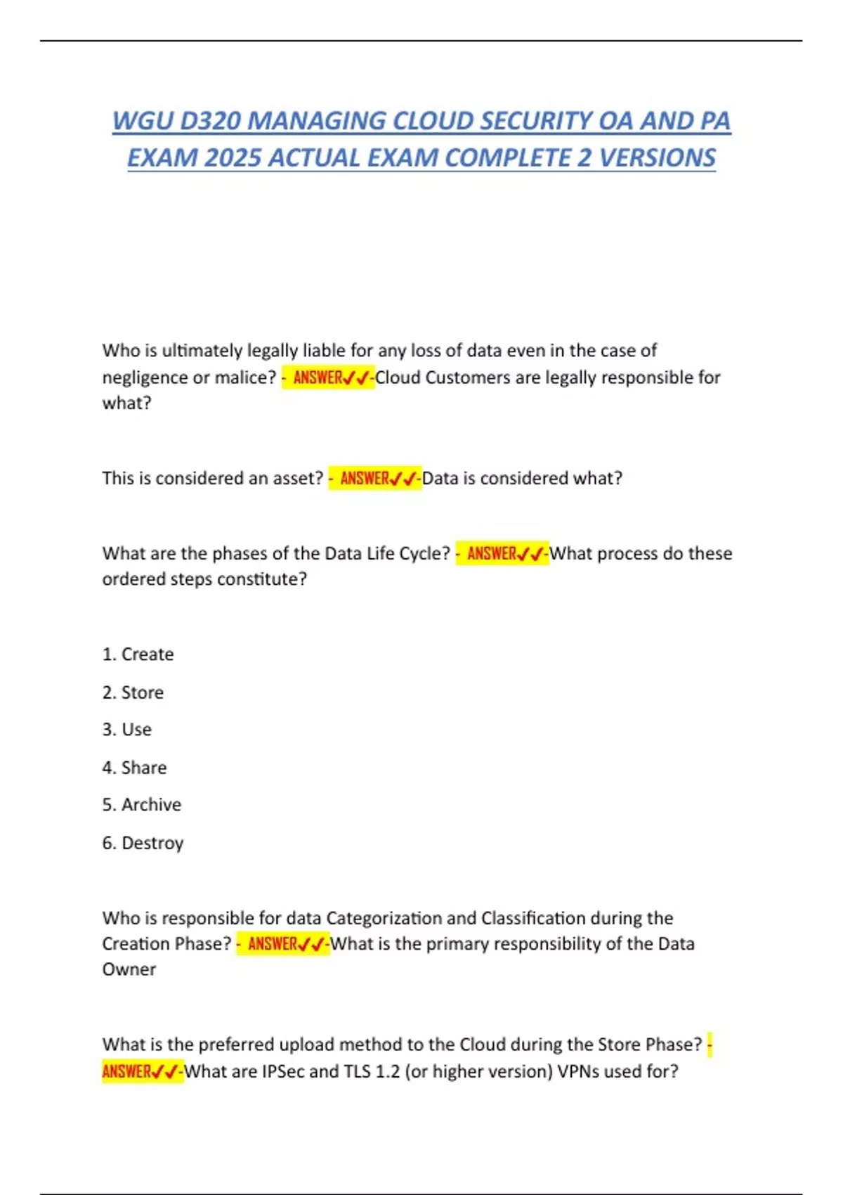 WGU D320 MANAGING CLOUD SECURITY OA AND PA EXAM 2025 ACTUAL EXAM COMPLETE 2 VERSIONS - WGU D320 ...