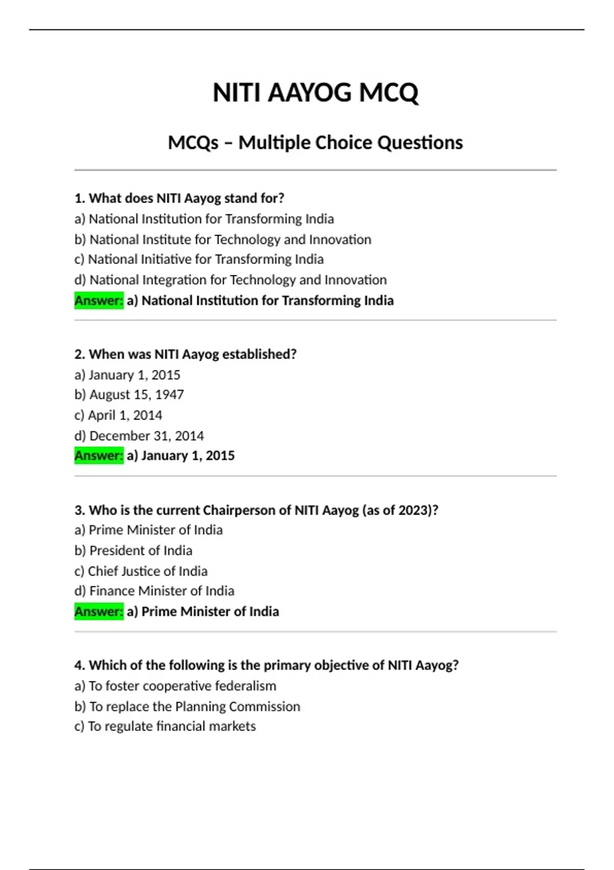 NITI AAYOG MCQ MCQs – Multiple Choice Questions - MCQs - Stuvia US