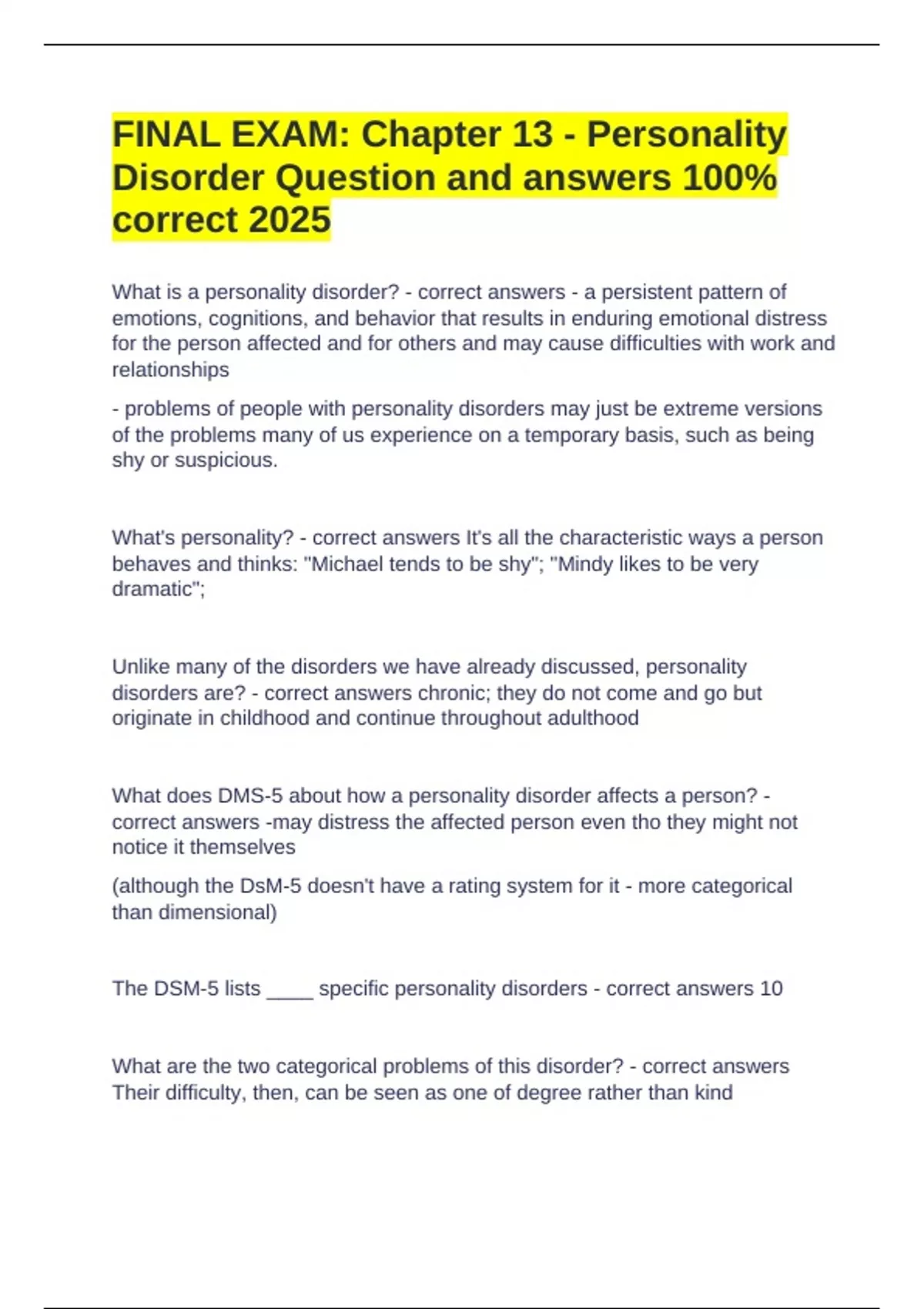 FINAL EXAM: Chapter 13 - Personality Disorder Question and answers 100% ...