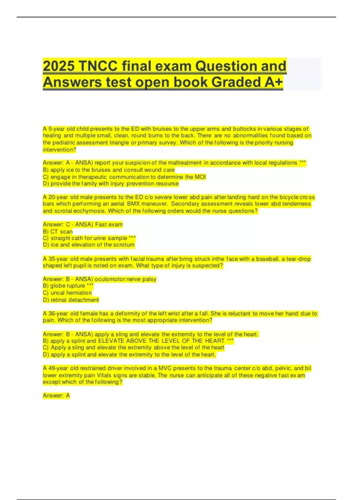 2025 TNCC final exam Question and Answers test open book Graded A+.pdf ...