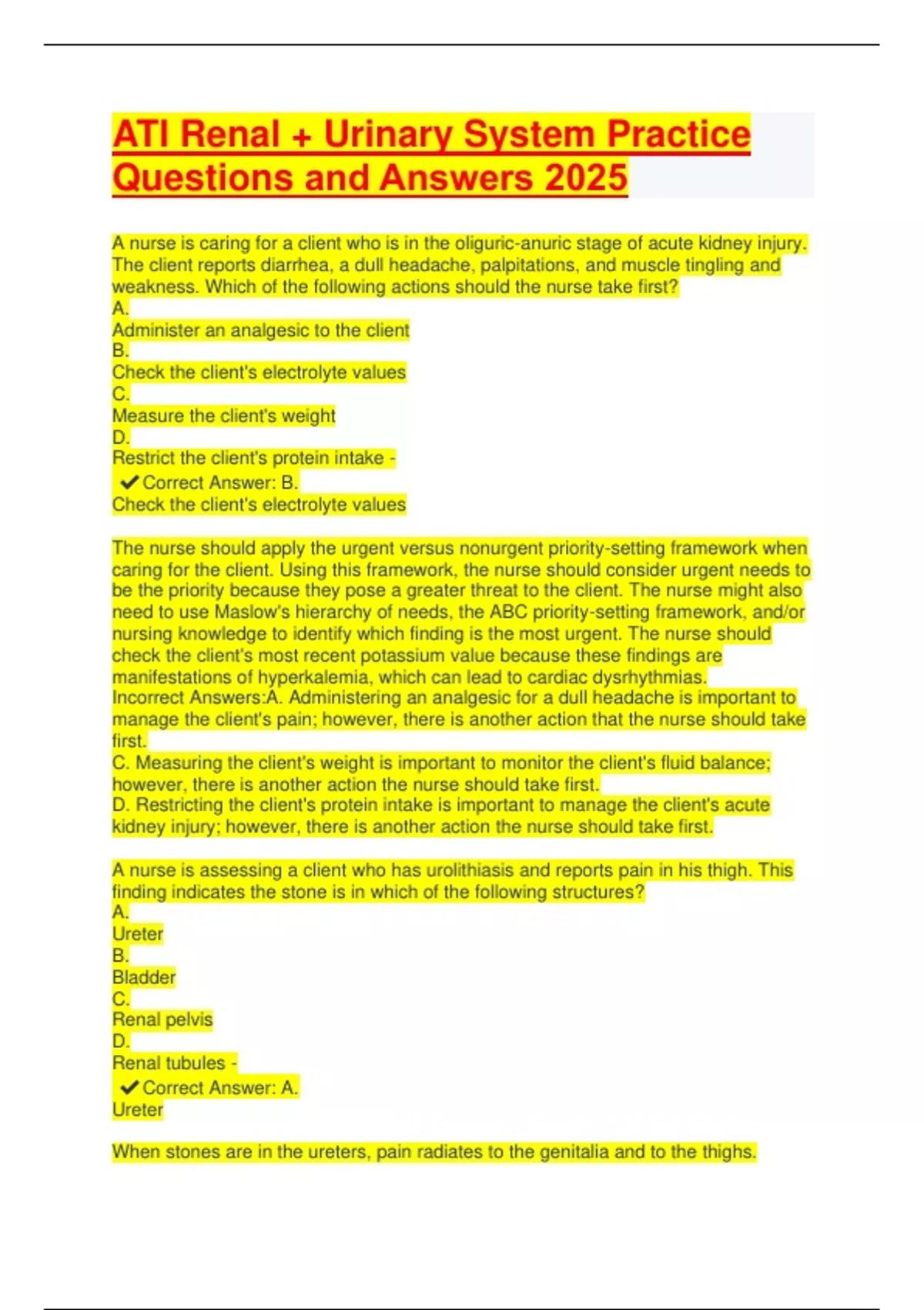 ATI Renal + Urinary System Practice Questions and Answers 2025.pdf ...