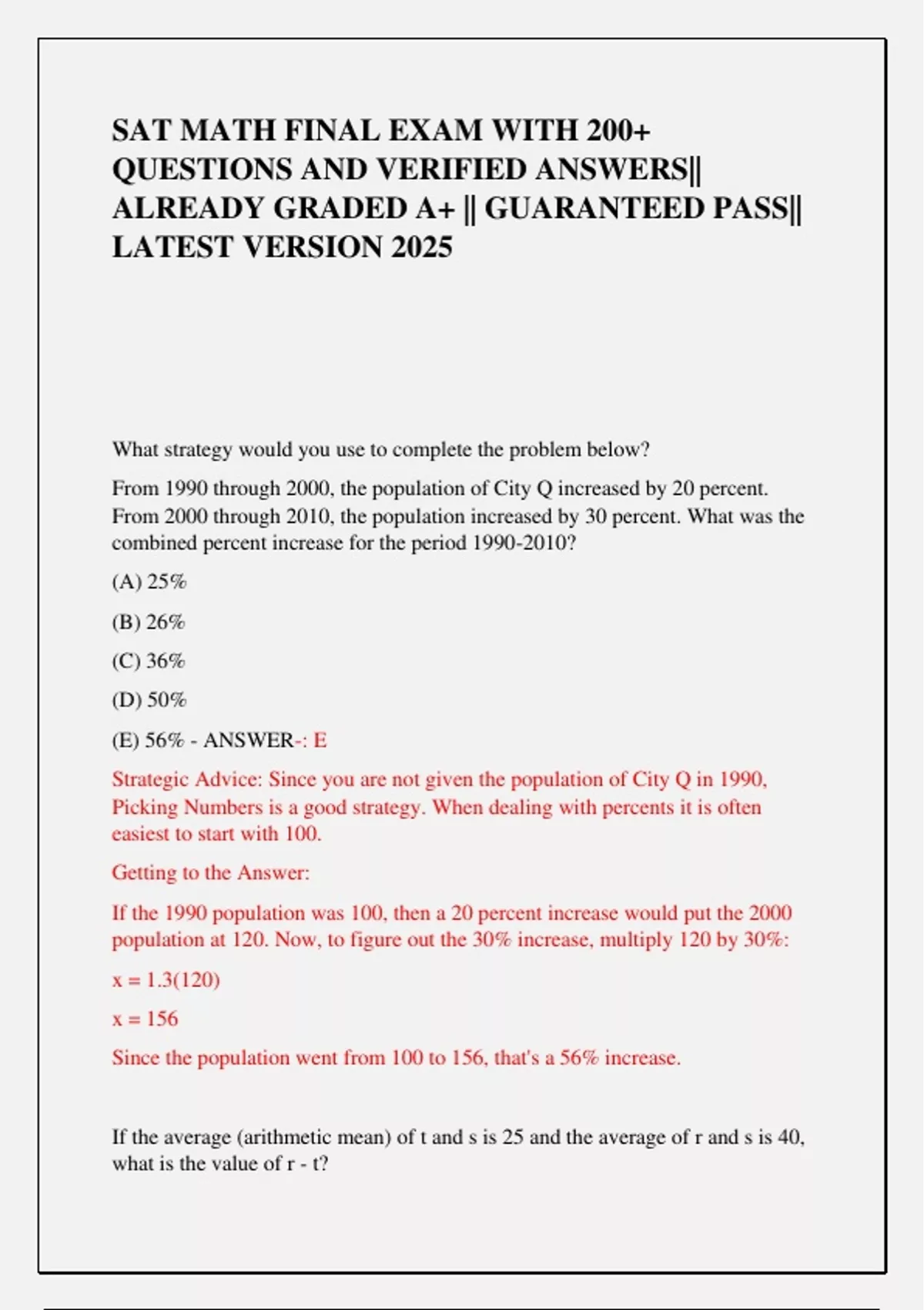 SAT MATH FINAL EXAM WITH 200+ QUESTIONS AND VERIFIED ANSWERS|| ALREADY ...