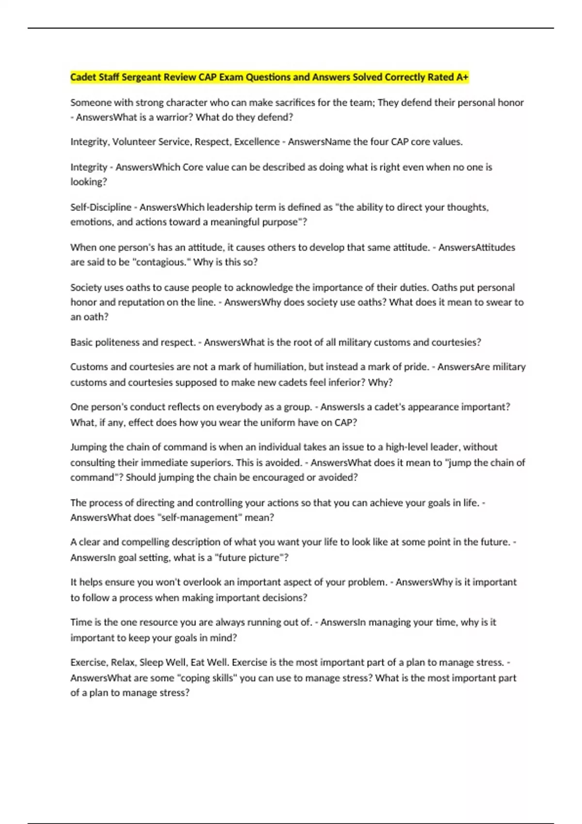 Cadet Staff Sergeant Review CAP Exam Questions and Answers Solved ...