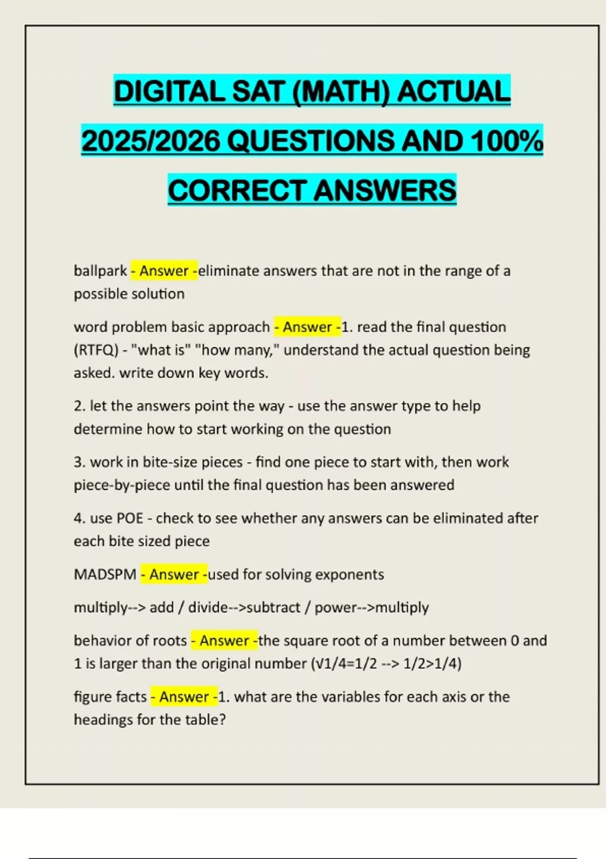 DIGITAL SAT (MATH) ACTUAL 2025/2026 QUESTIONS AND 100% CORRECT ANSWERS ...