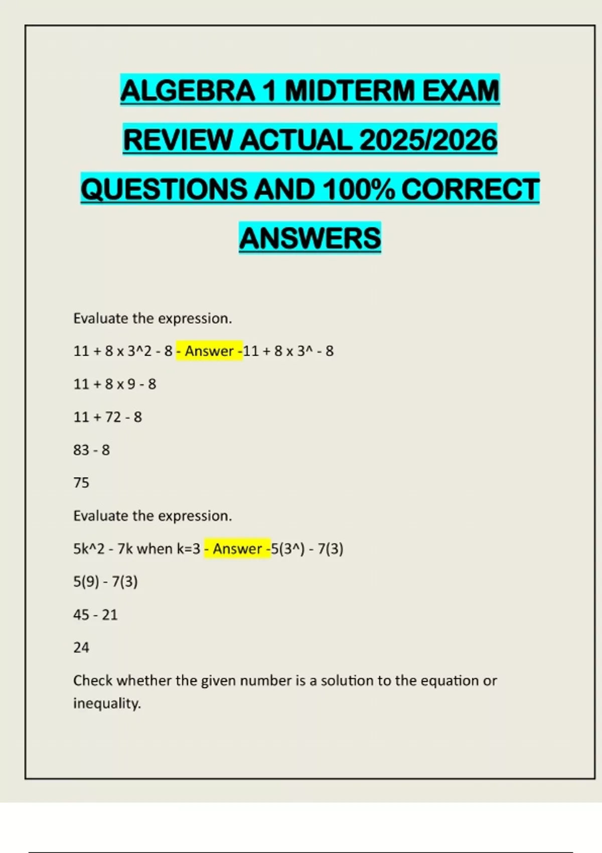 ALGEBRA 1 MIDTERM EXAM REVIEW ACTUAL 2025/2026 QUESTIONS AND 100% ...