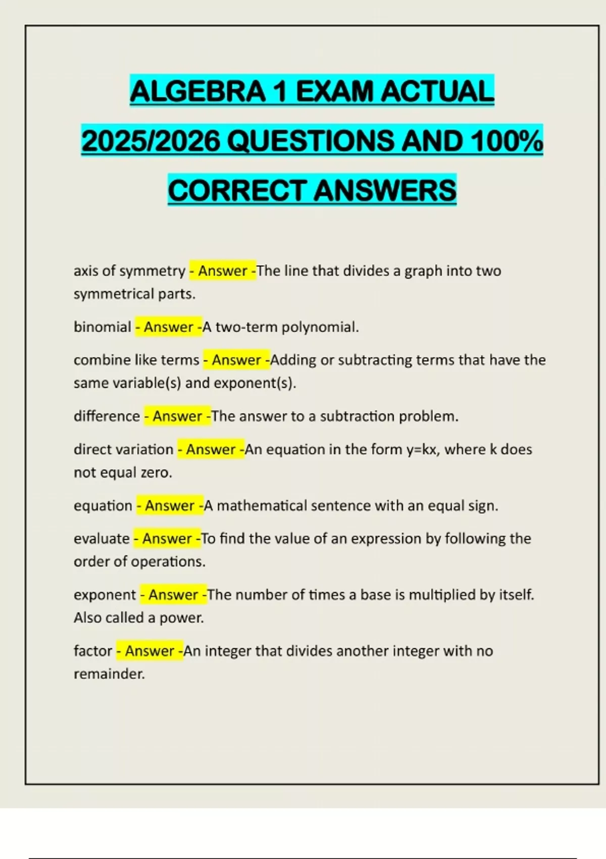 ALGEBRA 1 EXAM ACTUAL 2025/2026 QUESTIONS AND 100% CORRECT ANSWERS ...