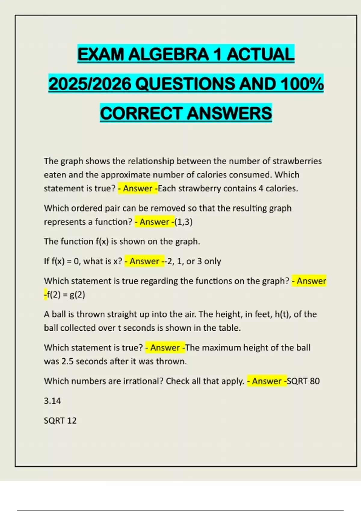 EXAM ALGEBRA 1 ACTUAL 2025/2026 QUESTIONS AND 100% CORRECT ANSWERS ...