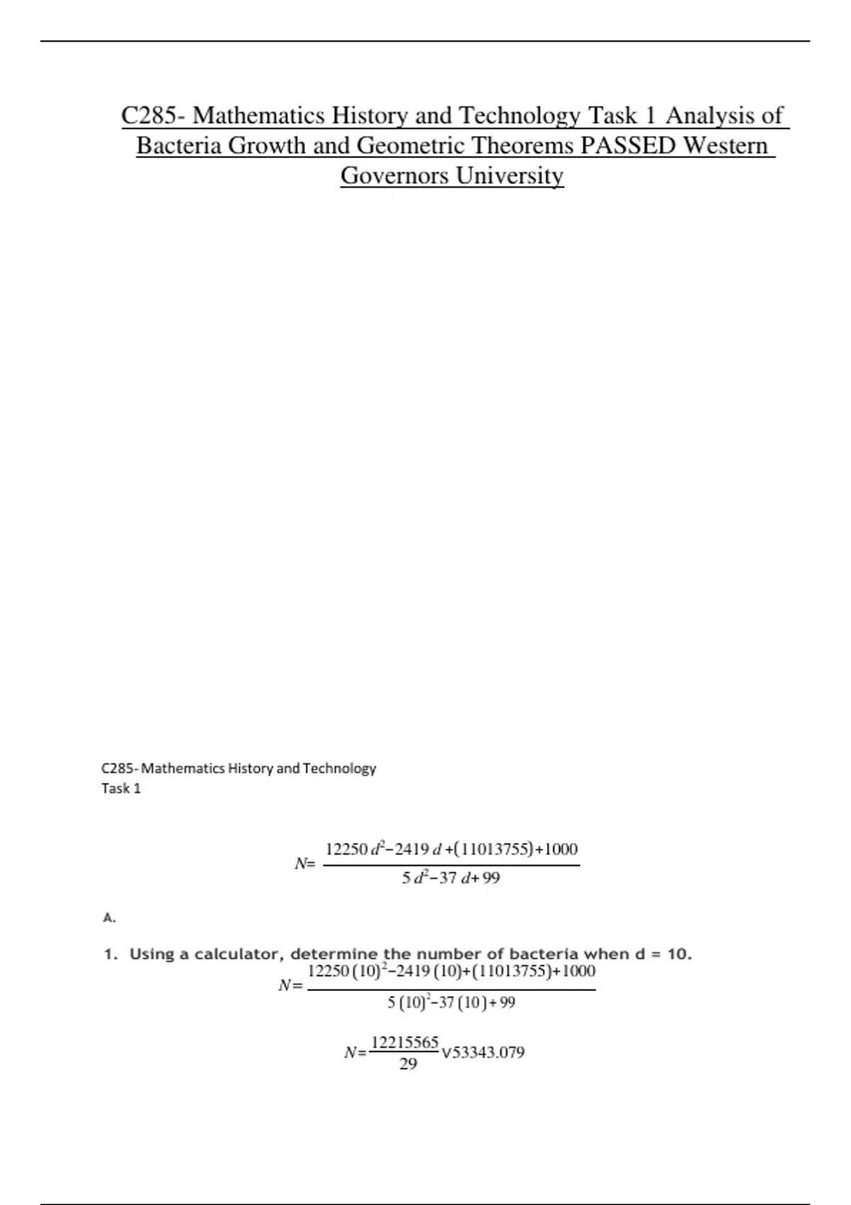 C285- Mathematics History and Technology Task 1 Analysis of Bacteria ...