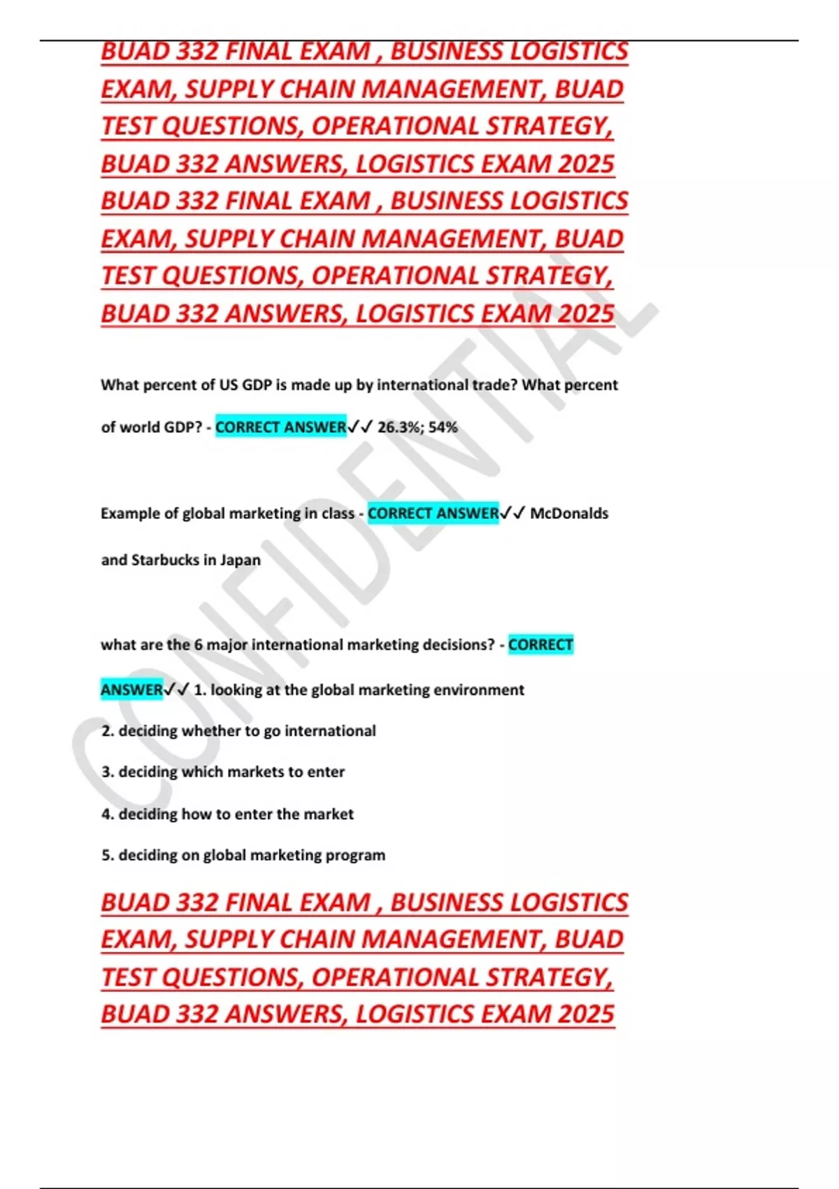 BUAD 332 FINAL EXAM , BUSINESS LOGISTICS EXAM, SUPPLY CHAIN MANAGEMENT ...