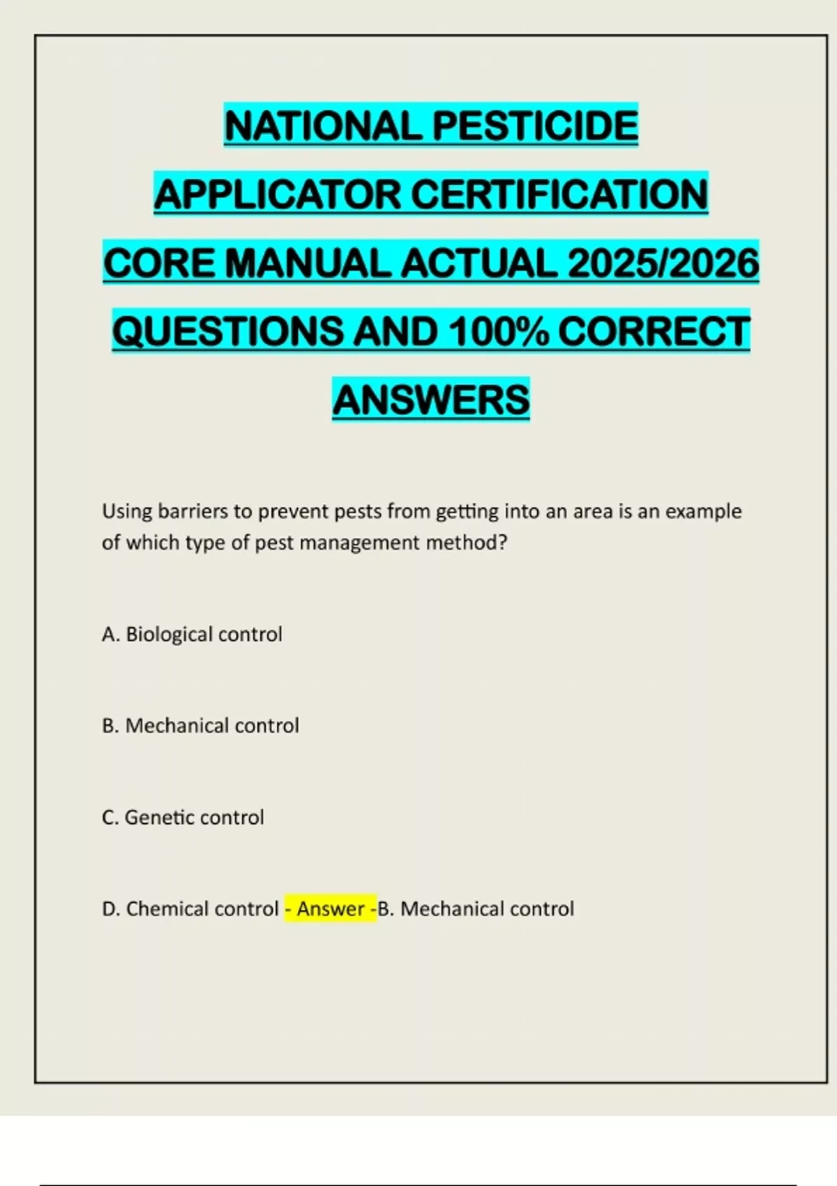 NATIONAL PESTICIDE APPLICATOR CERTIFICATION CORE MANUAL ACTUAL 2025/2026 QUESTIONS AND 100% ...