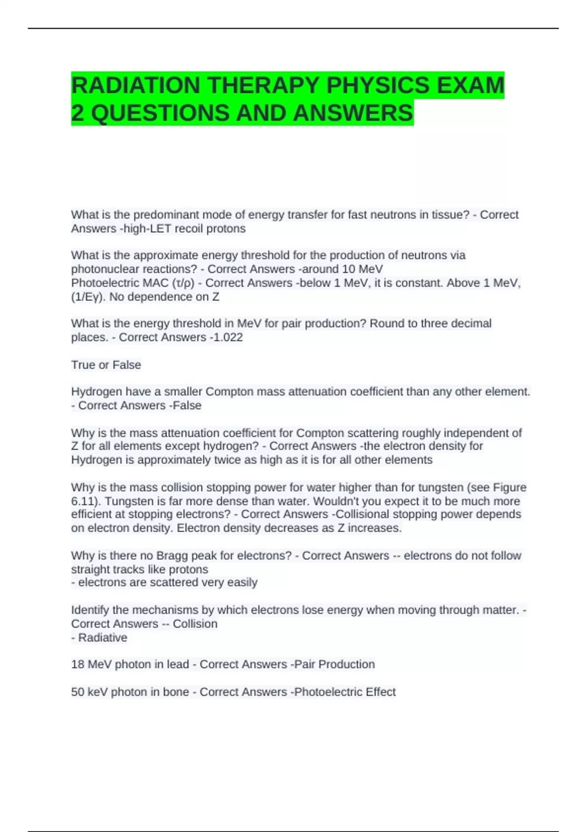 RADIATION THERAPY PHYSICS EXAM 2 QUESTIONS AND ANSWERS - Radiation ...