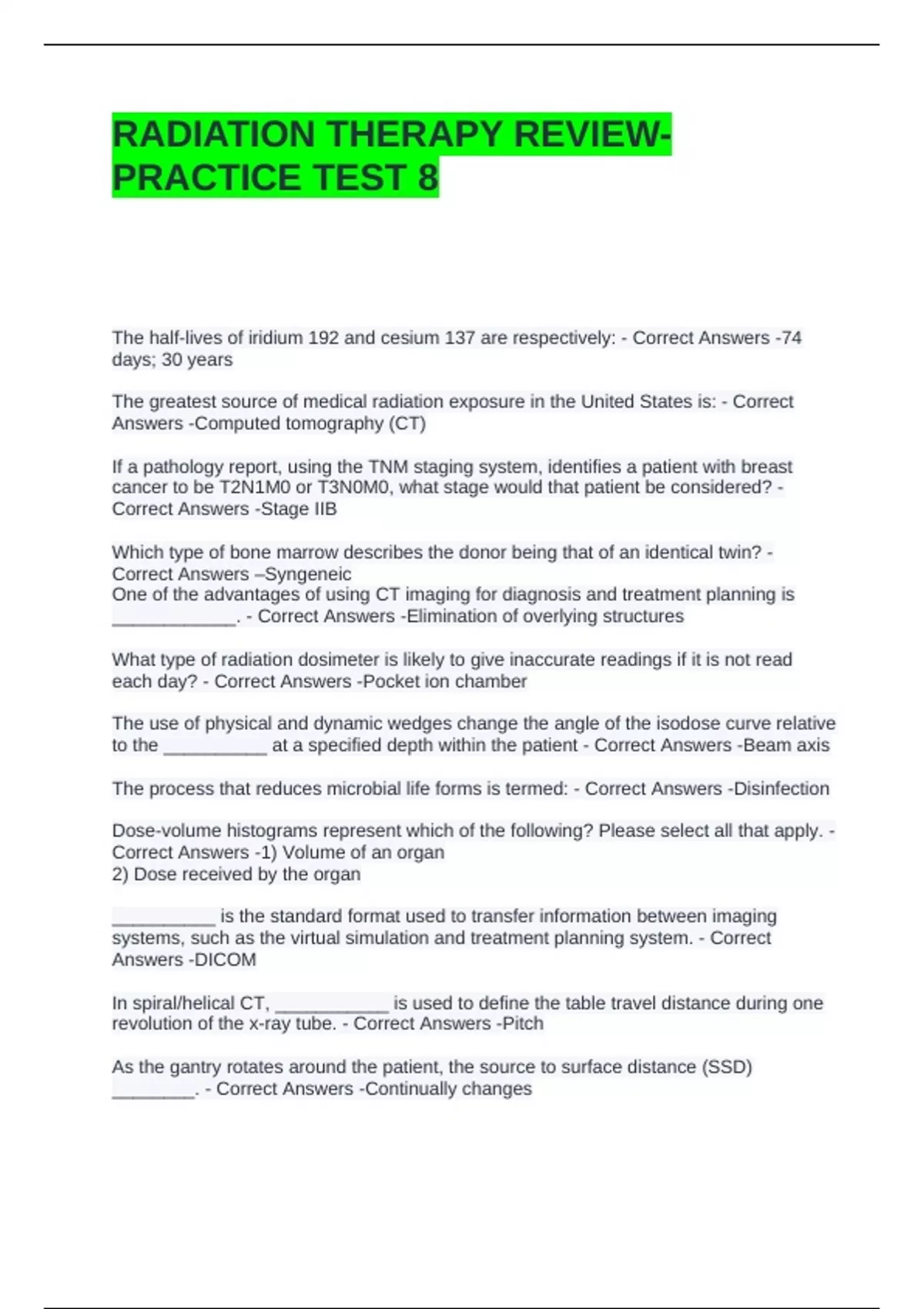 RADIATION THERAPY REVIEW-PRACTICE TEST 8 WITH CORRECT ANSWERS ...