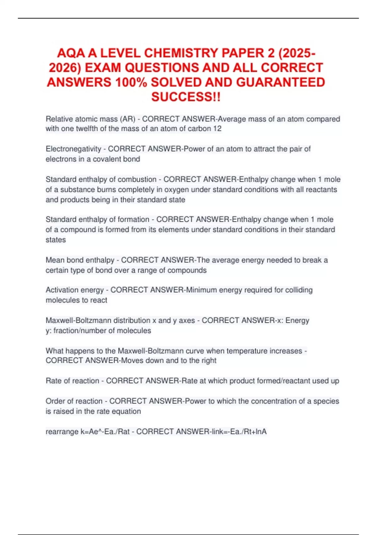AQA A LEVEL CHEMISTRY PAPER 2 () EXAM QUESTIONS AND ALL CORRECT ANSWERS ...