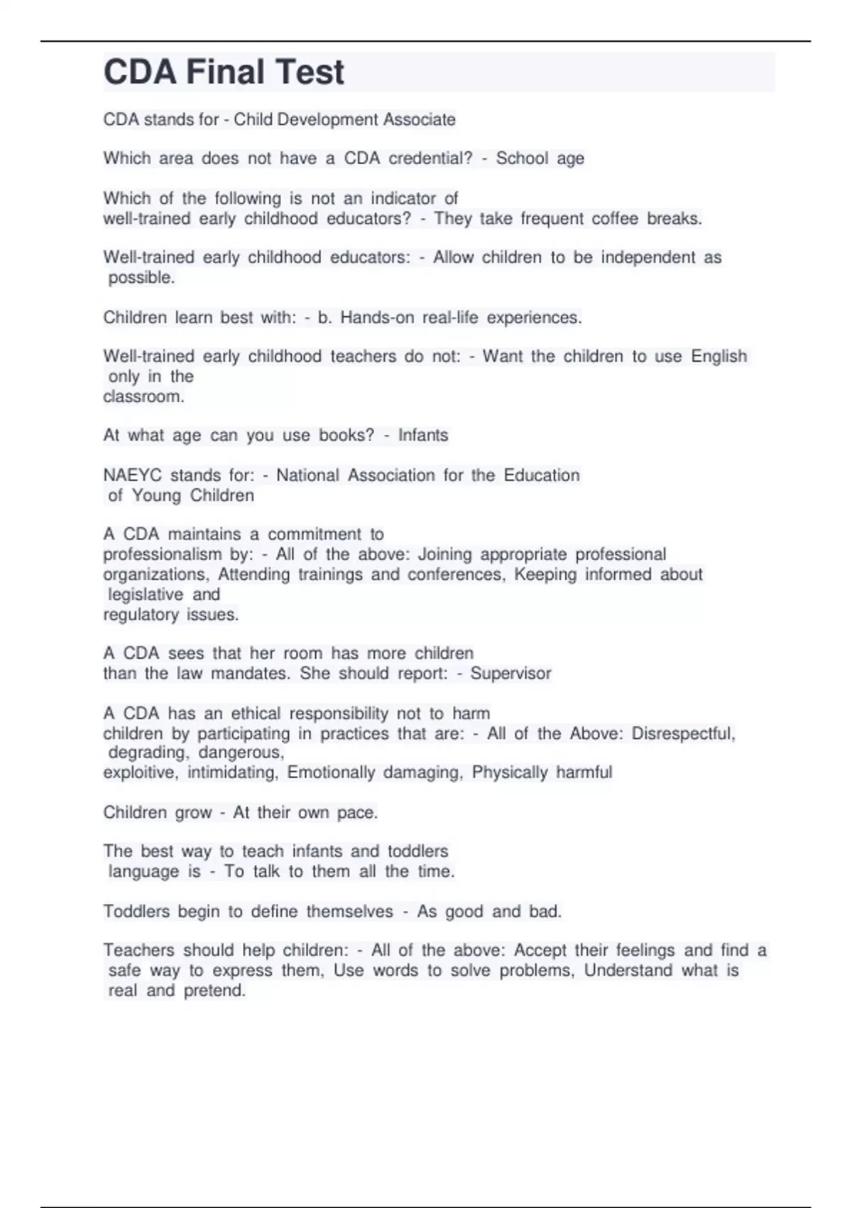 CDA Final Test Study Guide 2026 – Practice Questions & Verified Answers ...