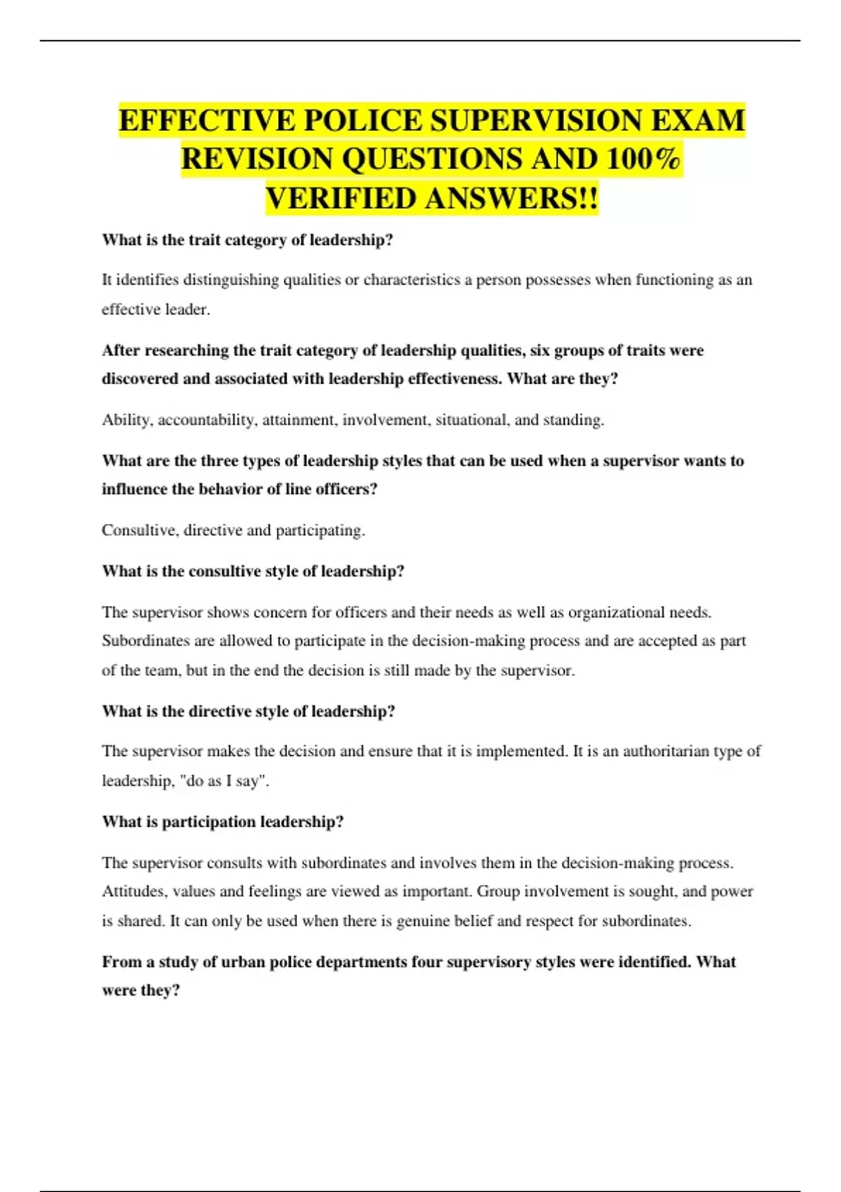 EFFECTIVE POLICE SUPERVISION EXAM REVISION QUESTIONS AND 100% VERIFIED ...