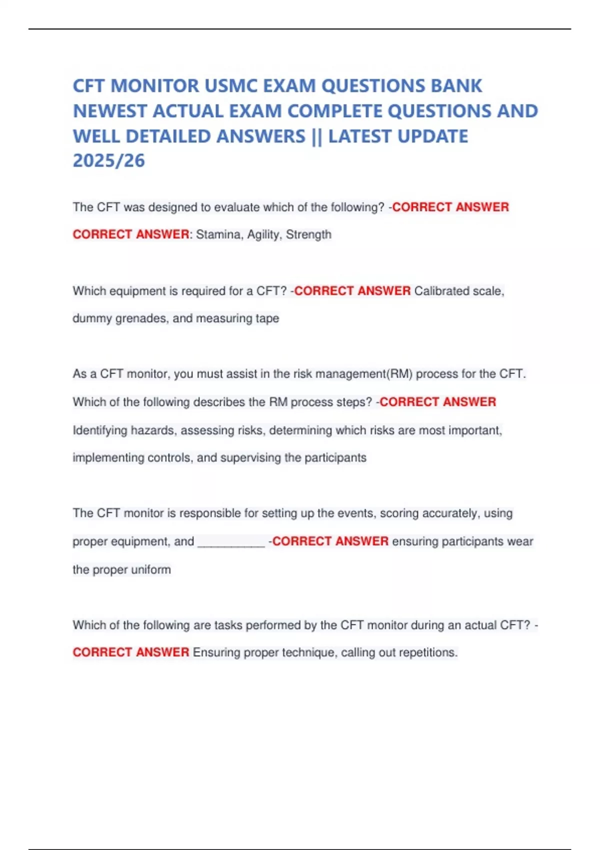 CFT MONITOR USMC EXAM QUESTIONS BANK NEWEST ACTUAL EXAM COMPLETE ...