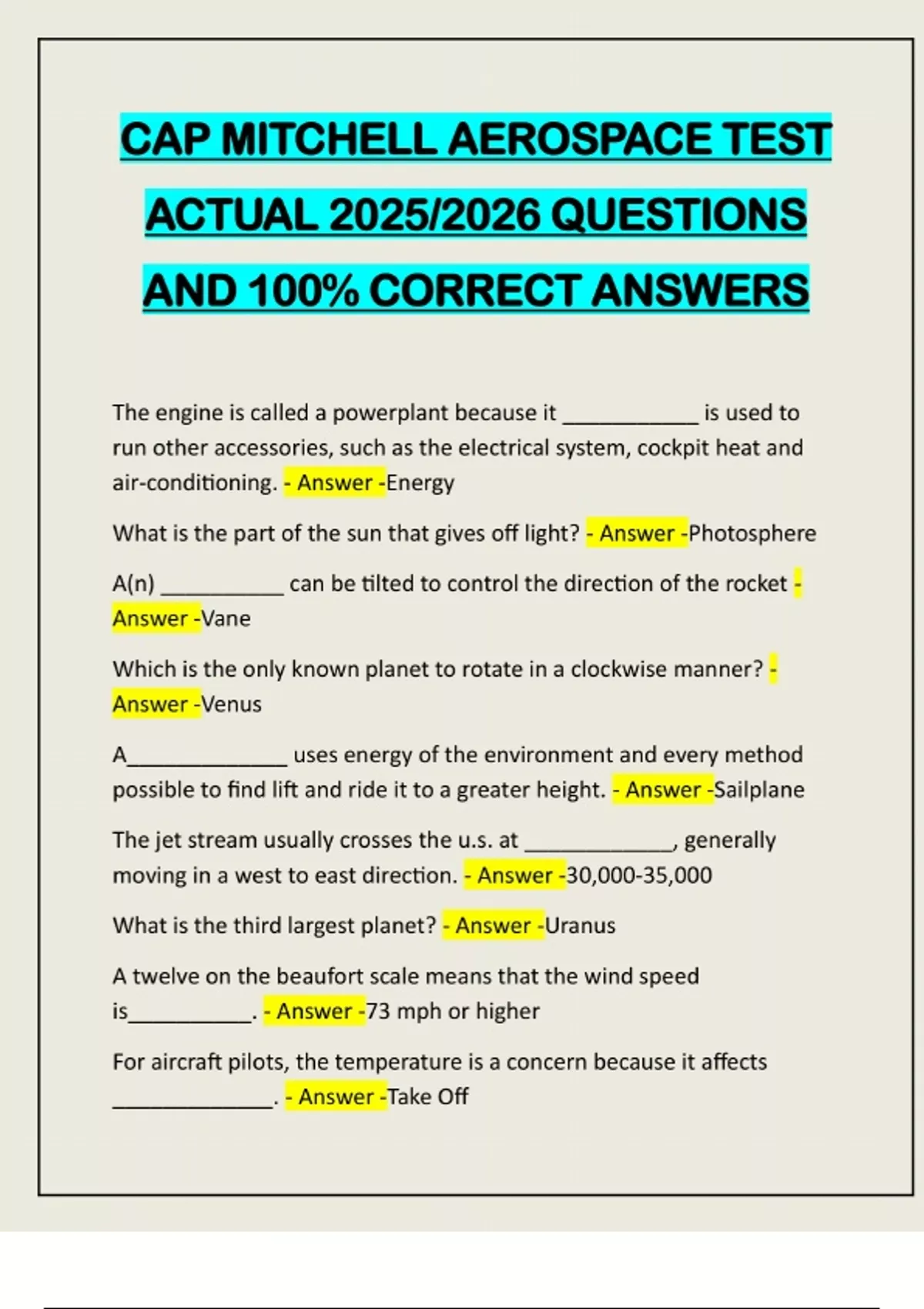 CAP MITCHELL AEROSPACE TEST ACTUAL 2025/2026 QUESTIONS AND 100% CORRECT ...