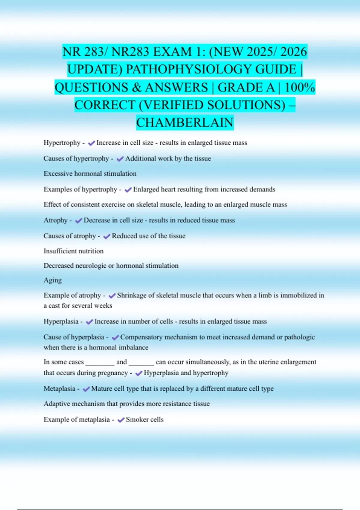 NR 283/ NR283 EXAM 1: (NEW 2025/ 2026 UPDATE) PATHOPHYSIOLOGY GUIDE ...