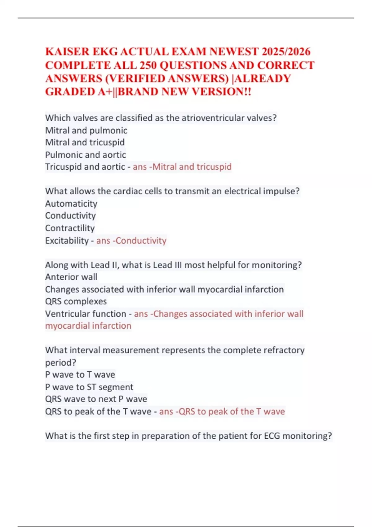 KAISER EKG ACTUAL EXAM NEWEST 2025/2026 COMPLETE ALL 250 QUESTIONS AND ...