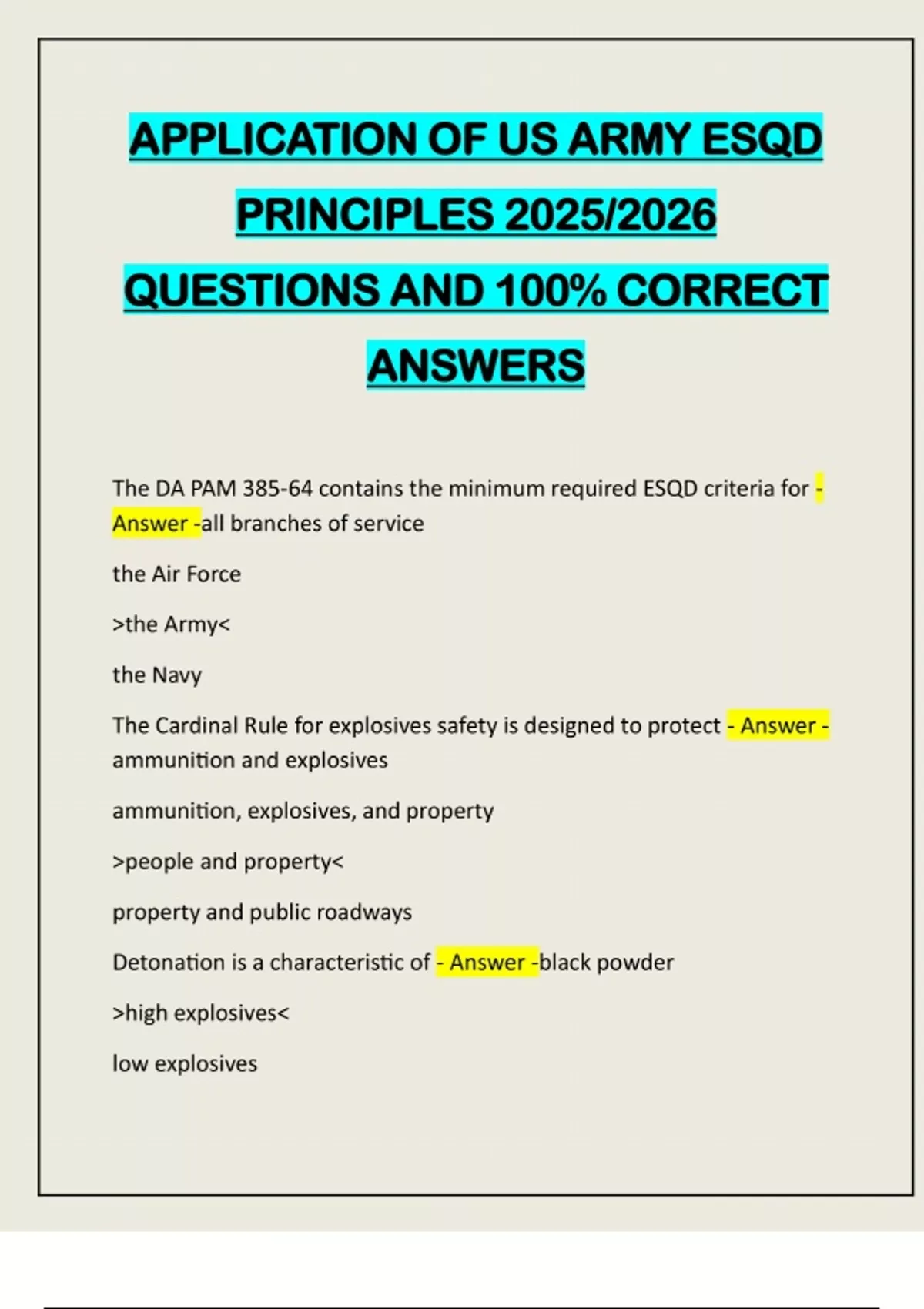 APPLICATION OF US ARMY ESQD PRINCIPLES 2025/2026 QUESTIONS AND 100% ...