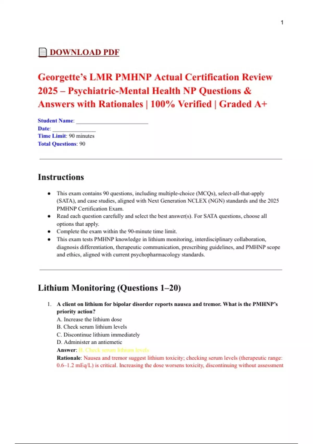Georgette’s LMR PMHNP Actual Certification Review 2025 – Psychiatric ...
