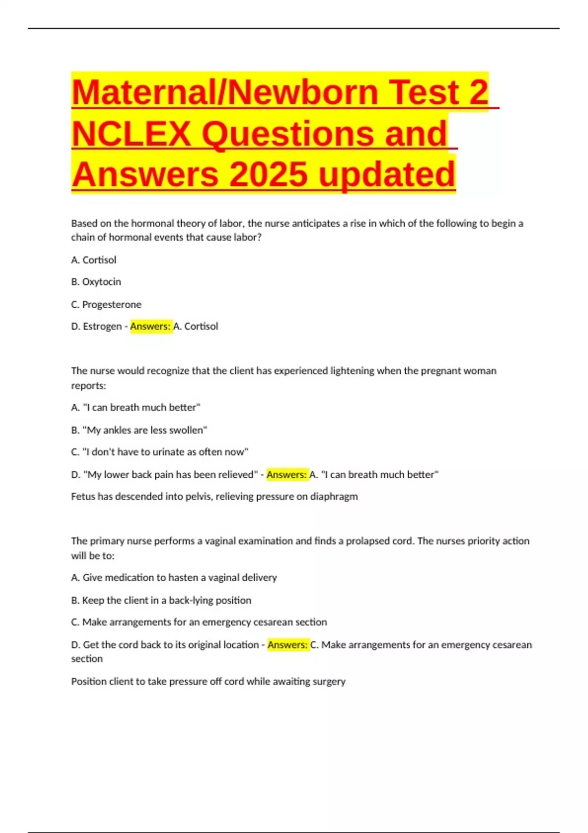 Maternal Test 2 NCLEX Questions and Answers 2025 updated - NCLEX PN ...