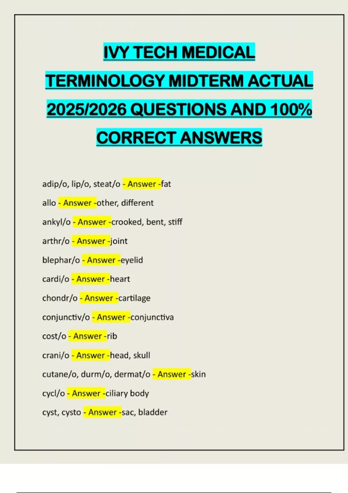 IVY TECH MEDICAL TERMINOLOGY MIDTERM ACTUAL 2025/2026 QUESTIONS AND 100 ...