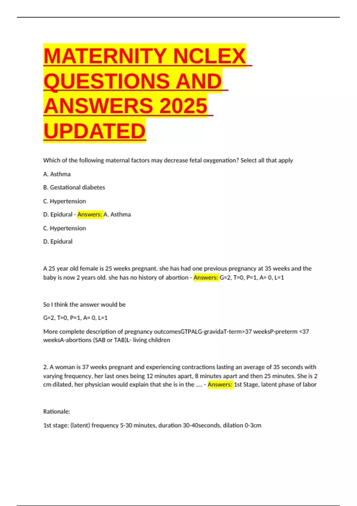 MATERNITY NCLEX QUESTIONS WITH ANSWERS 2025 UPDATED - NCLEX PN ...