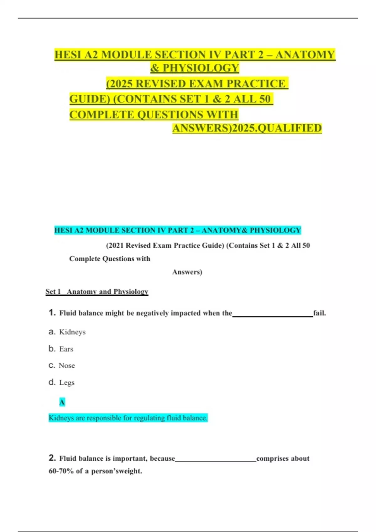 HESI A2 MODULE SECTION IV PART 2 – ANATOMY & PHYSIOLOGY (2025 REVISED EXAM PRACTICE GUIDE ...