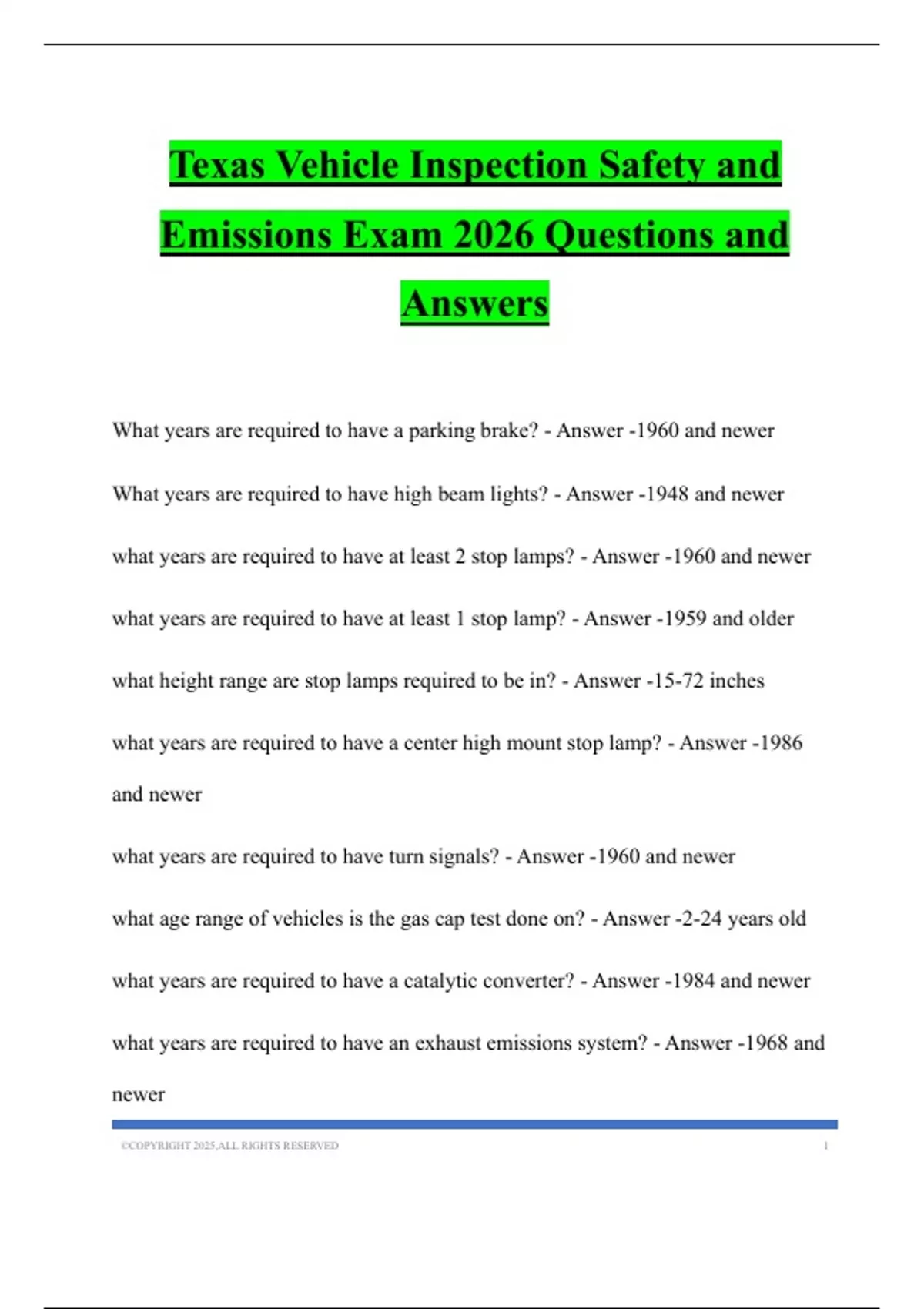Texas Vehicle Inspection Safety and Emissions Exam 2026 Questions and ...