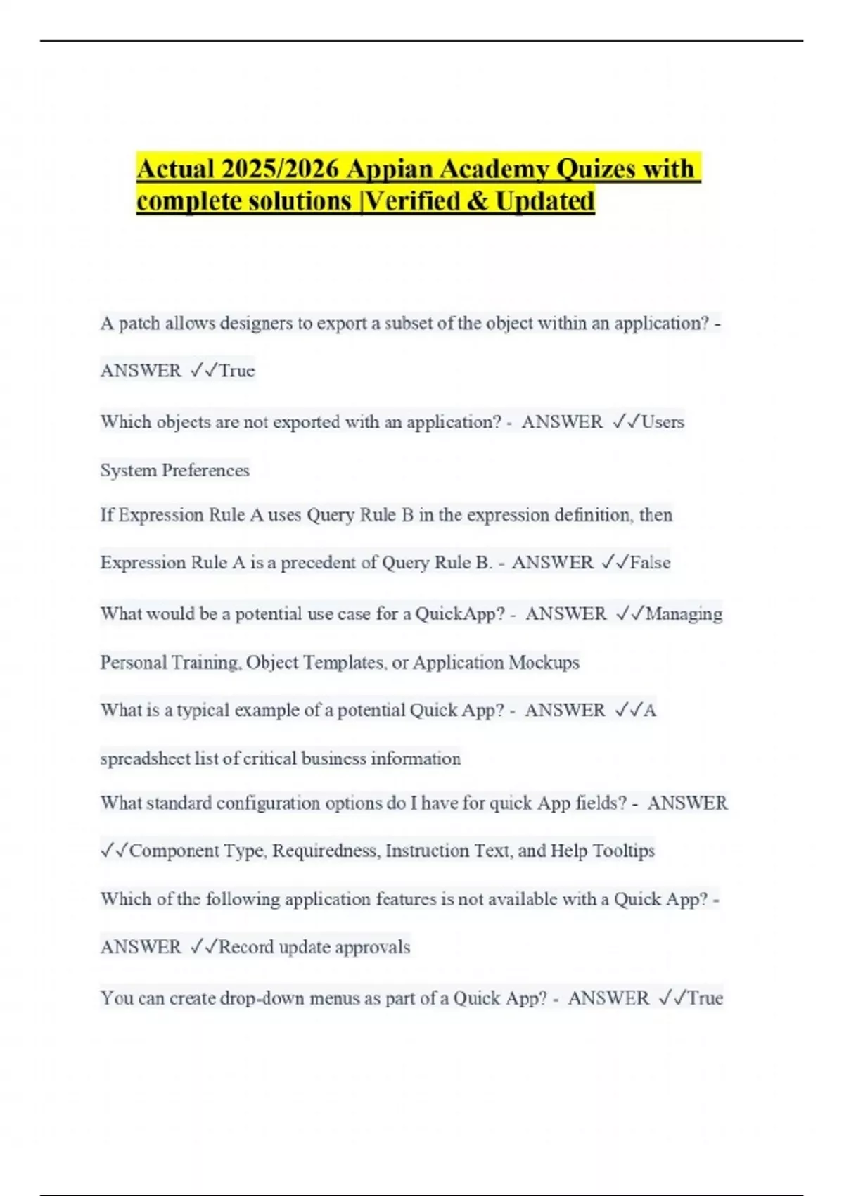 Actual 2025/2026 Appian Academy Quizes with complete solutions |Verified & Updated - Appian ...