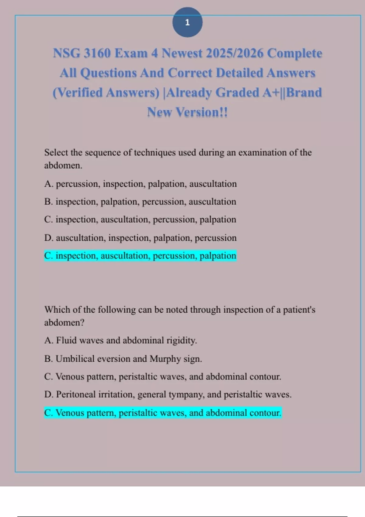 NSG 3160 Exam 4 Newest 2025/2026 Complete All Questions And Correct Detailed Answers (Verified ...