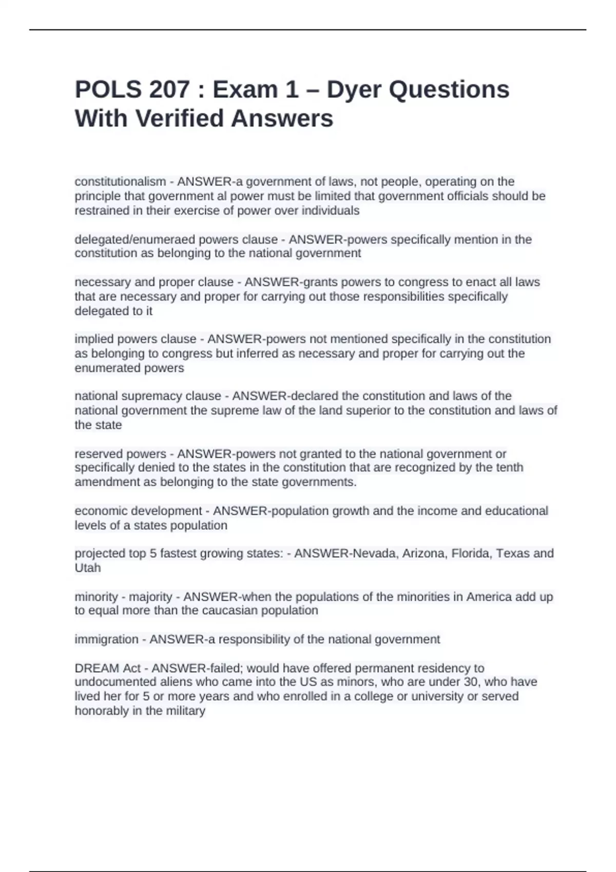 POLS 207 : Exam 1 – Dyer Questions With Verified Answers - POLS 207 ...