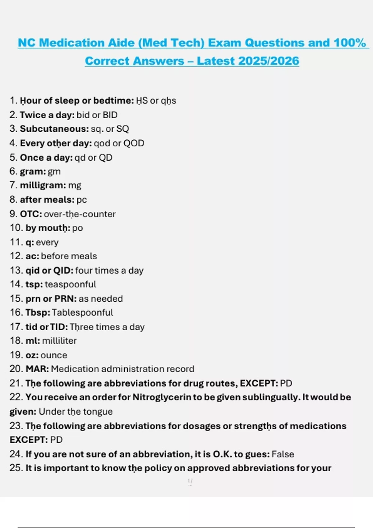 NC Medication Aide (Med Tech) Exam – Questions and 100% Correct Answers ...
