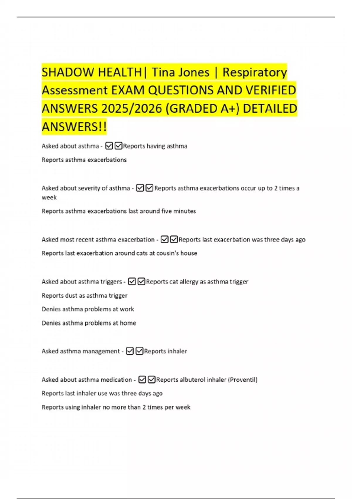 SHADOW HEALTH| Tina Jones | Respiratory Assessment EXAM QUESTIONS AND VERIFIED ANSWERS 2025/2026 ...