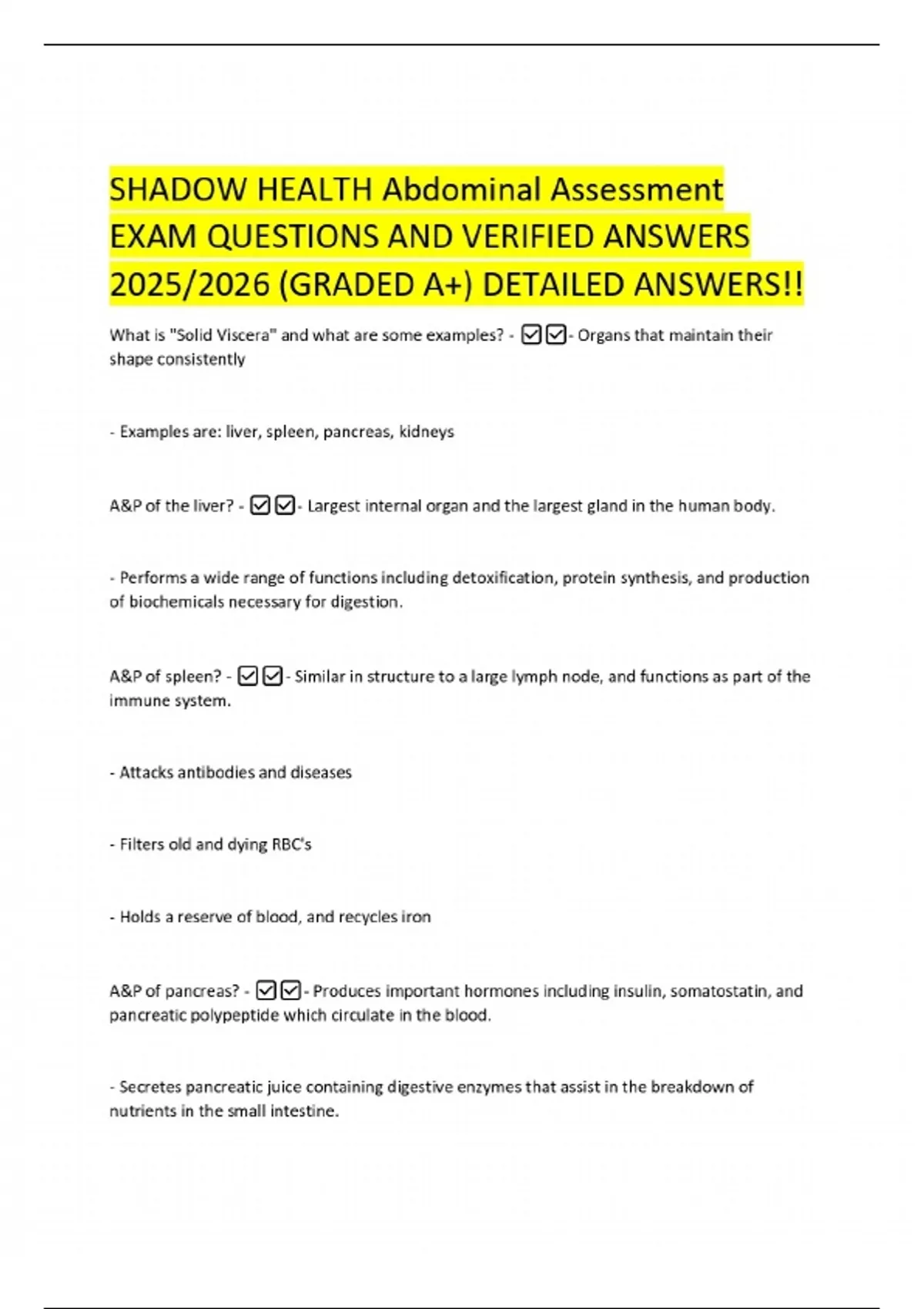 SHADOW HEALTH Abdominal Assessment EXAM QUESTIONS AND VERIFIED ANSWERS ...