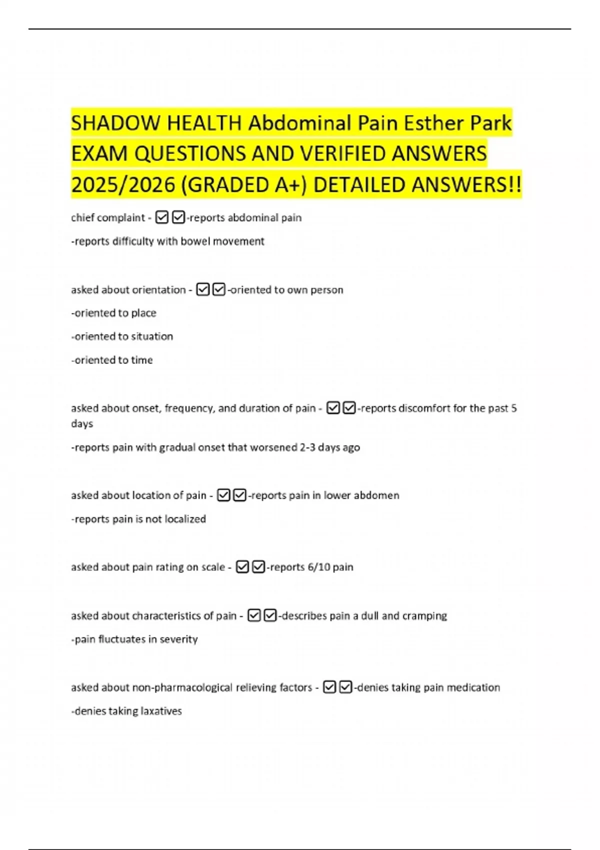 SHADOW HEALTH Abdominal Pain Esther Park EXAM QUESTIONS AND VERIFIED ANSWERS 2025/2026 (GRADED ...