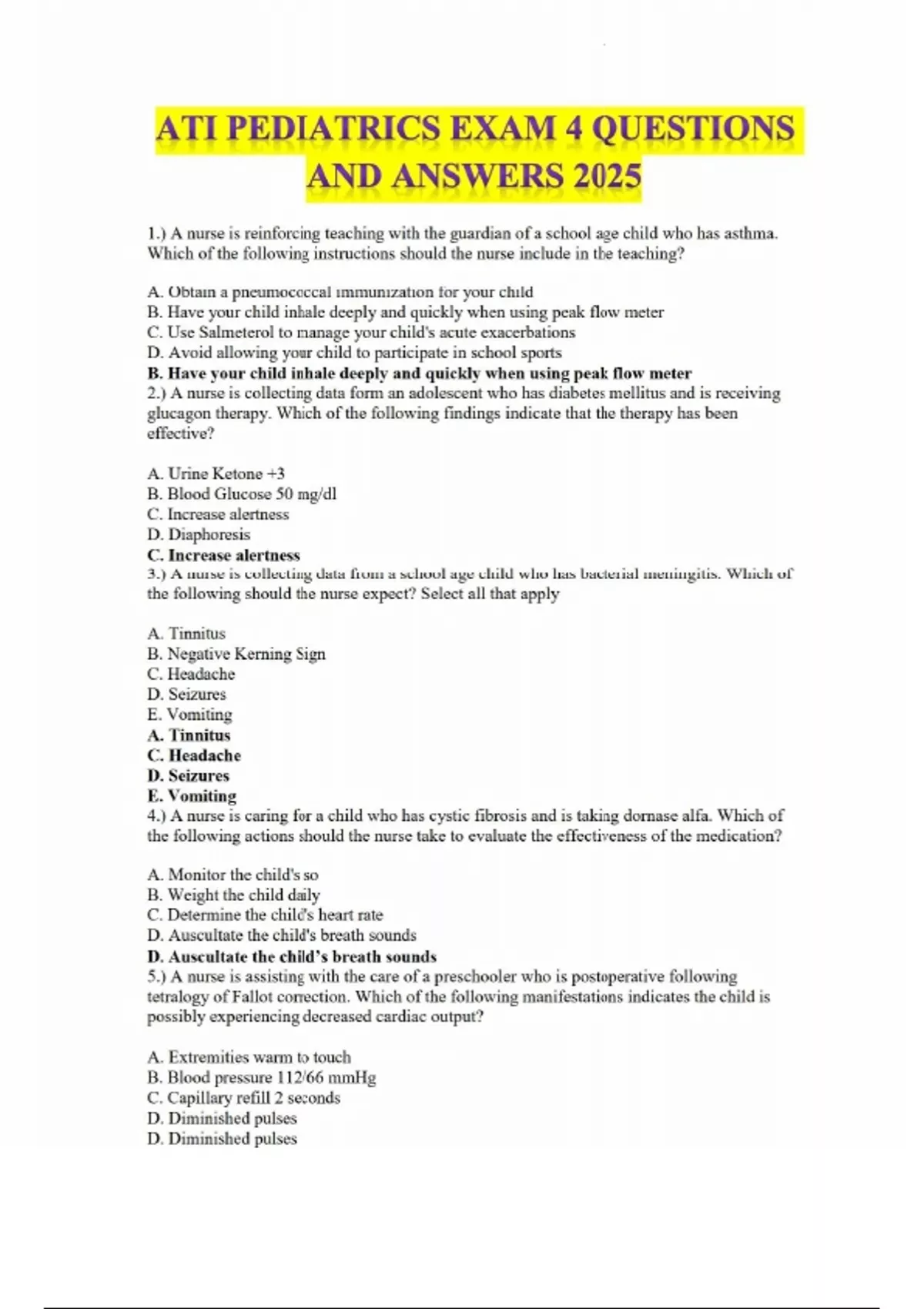 ATI Pediatrics Exam 4 – Questions and Answers 2025 (Complete A+ Grade ...