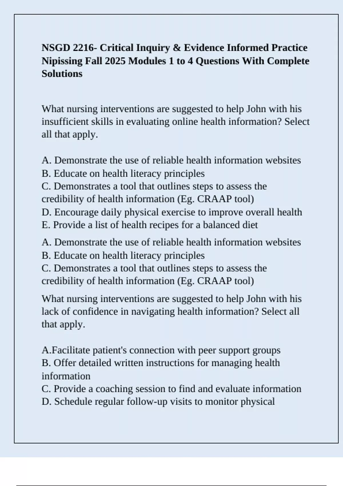 NSGD 2216- Critical Inquiry & Evidence Informed Practice Nipissing Fall ...