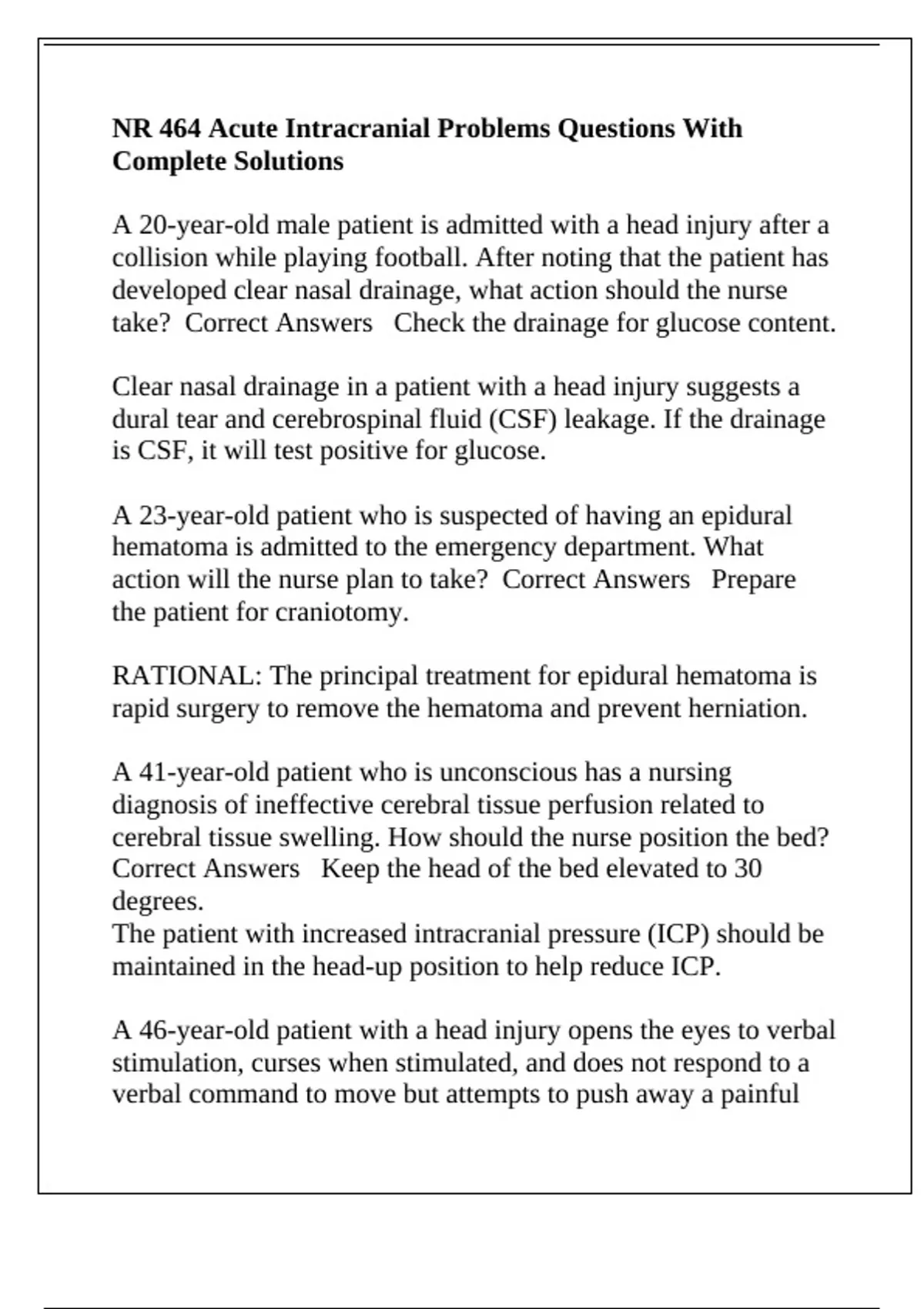 NR 464 Acute Intracranial Problems Questions With Complete Solutions ...