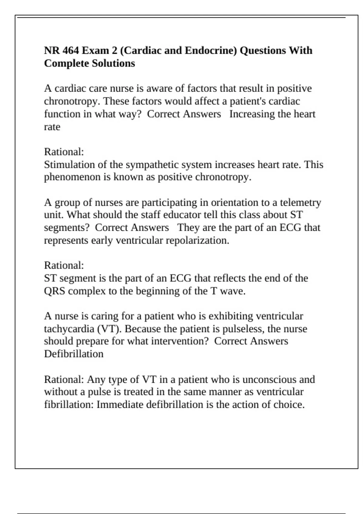 NR 464 Exam 2 (Cardiac and Endocrine) Questions With Complete Solutions ...