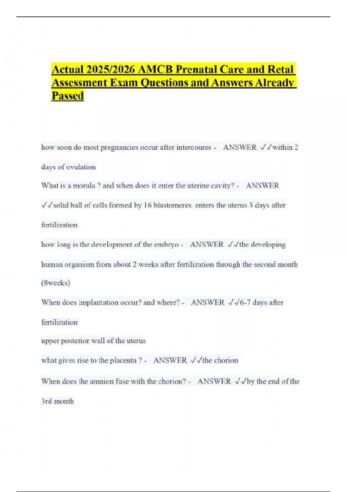 Actual 2025/2026 AMCB Prenatal Care and Retal Assessment Exam Questions ...